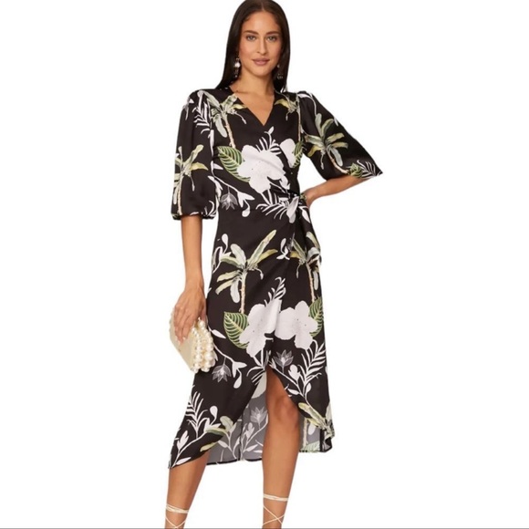 lobo.rosa | Dresses | Loborosa Black White Floral Midi Wrap Dress Xs ...